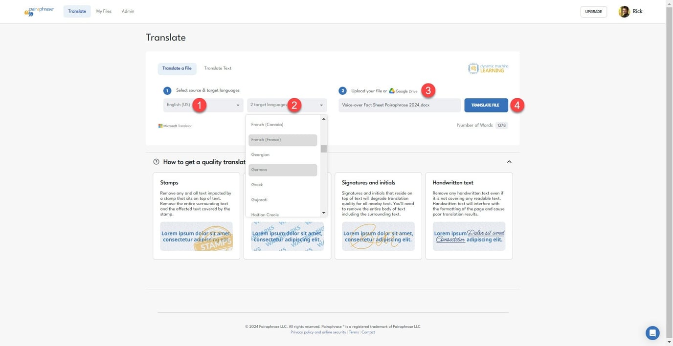 How to translate Google Drive files